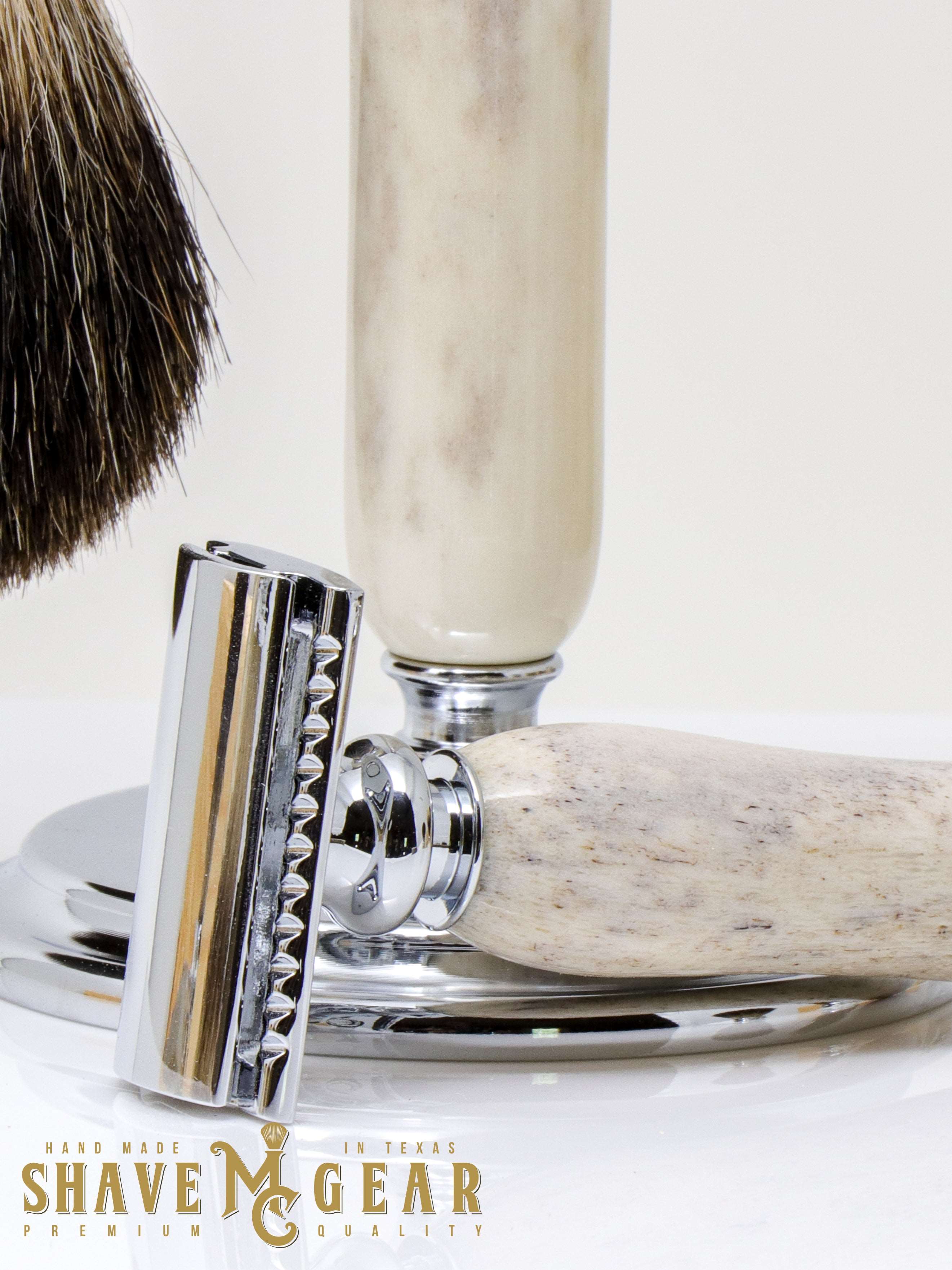 Hand-turned Premium Razor Set with Badger Shave Brush in Antler – MC ...